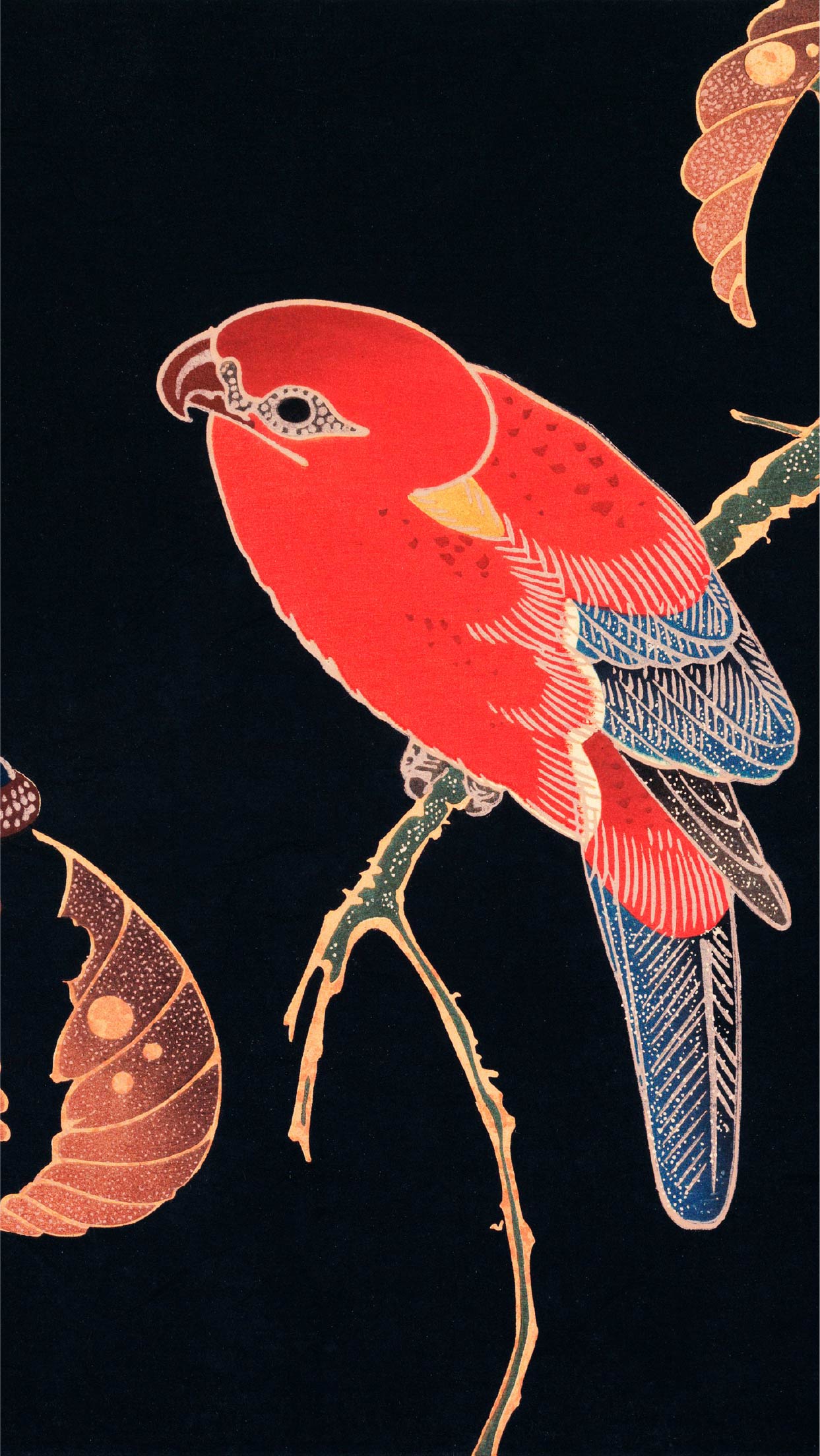 【無料壁紙】伊藤 若冲「花鳥版画図-櫟に鸚哥図 (1771)」 / Ito Jakuchu_Kacho Hanga-Kunugi ni ...